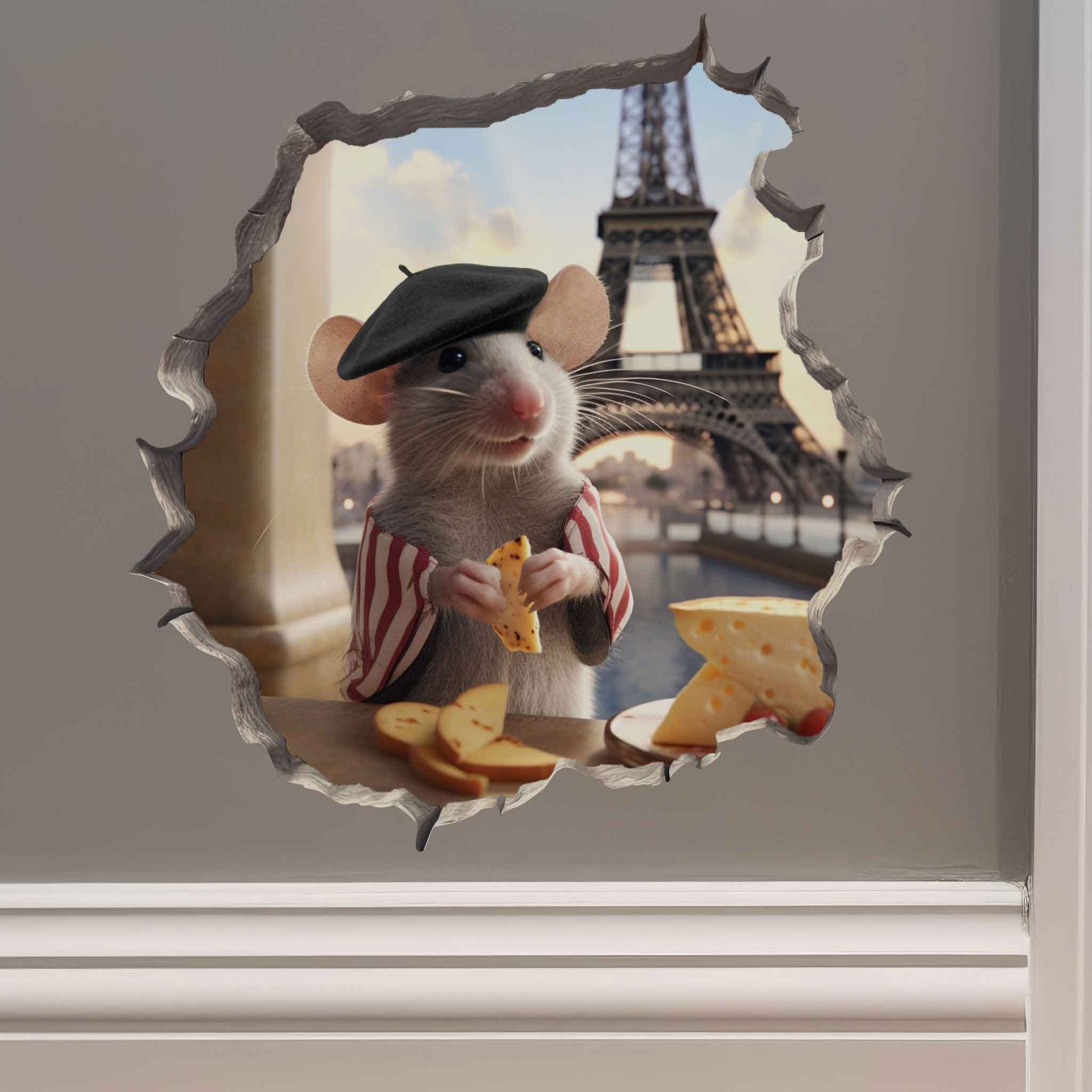 French Eiffel Tower Mouse in Mouse Hole Decal - Mouse Hole 3D Sticker