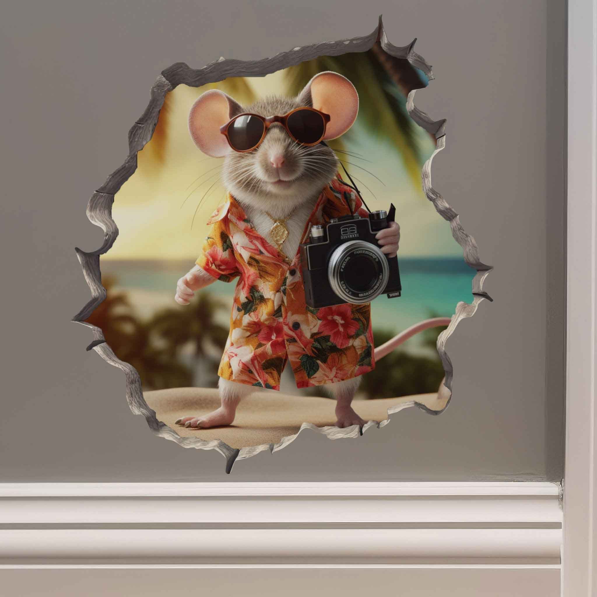 Tourist Mouse with Camera in Mouse Hole Decal - Mouse Hole 3D Sticker
