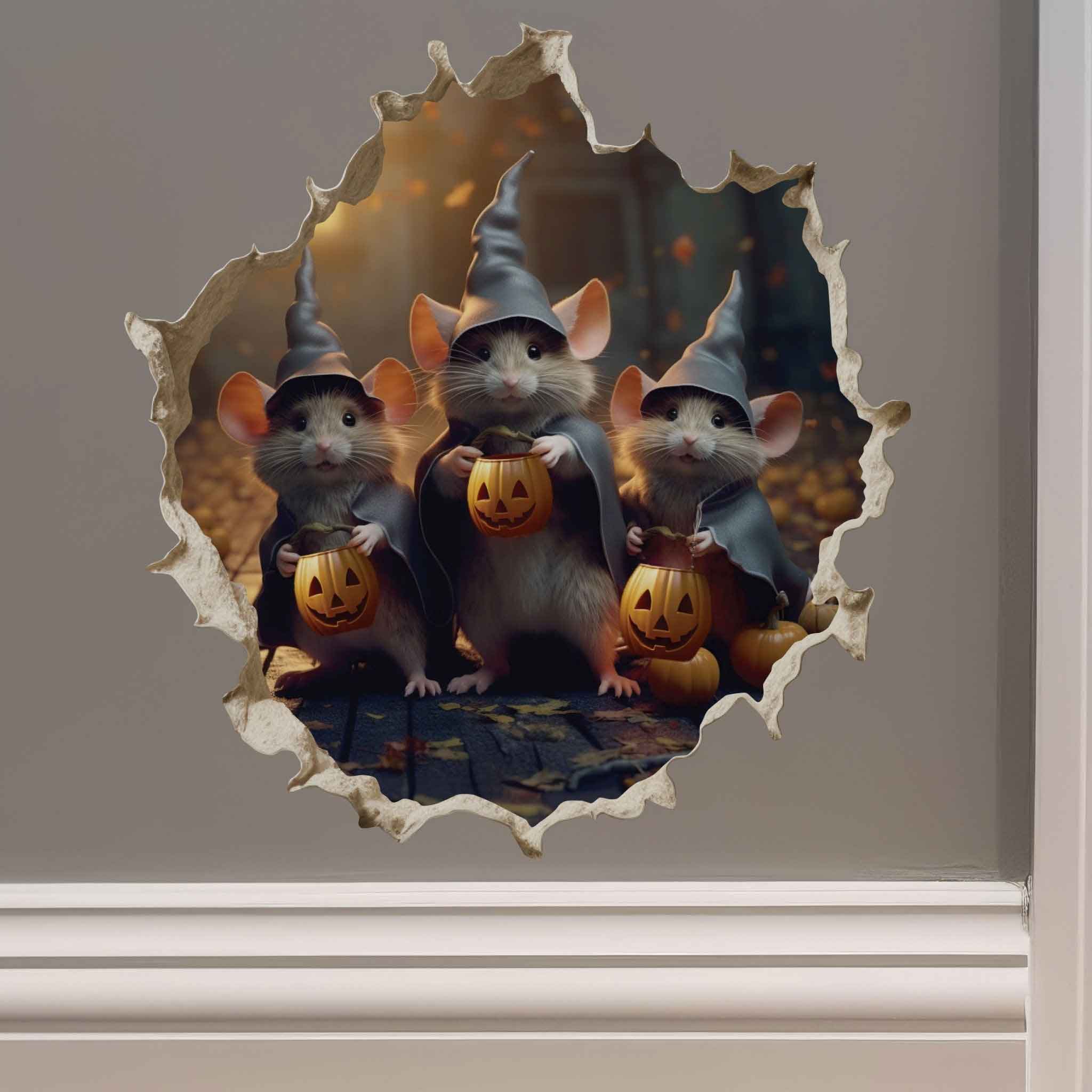 Trick or Treat Witch Mice in Mouse Hole Decal - Mouse Hole 3D Sticker
