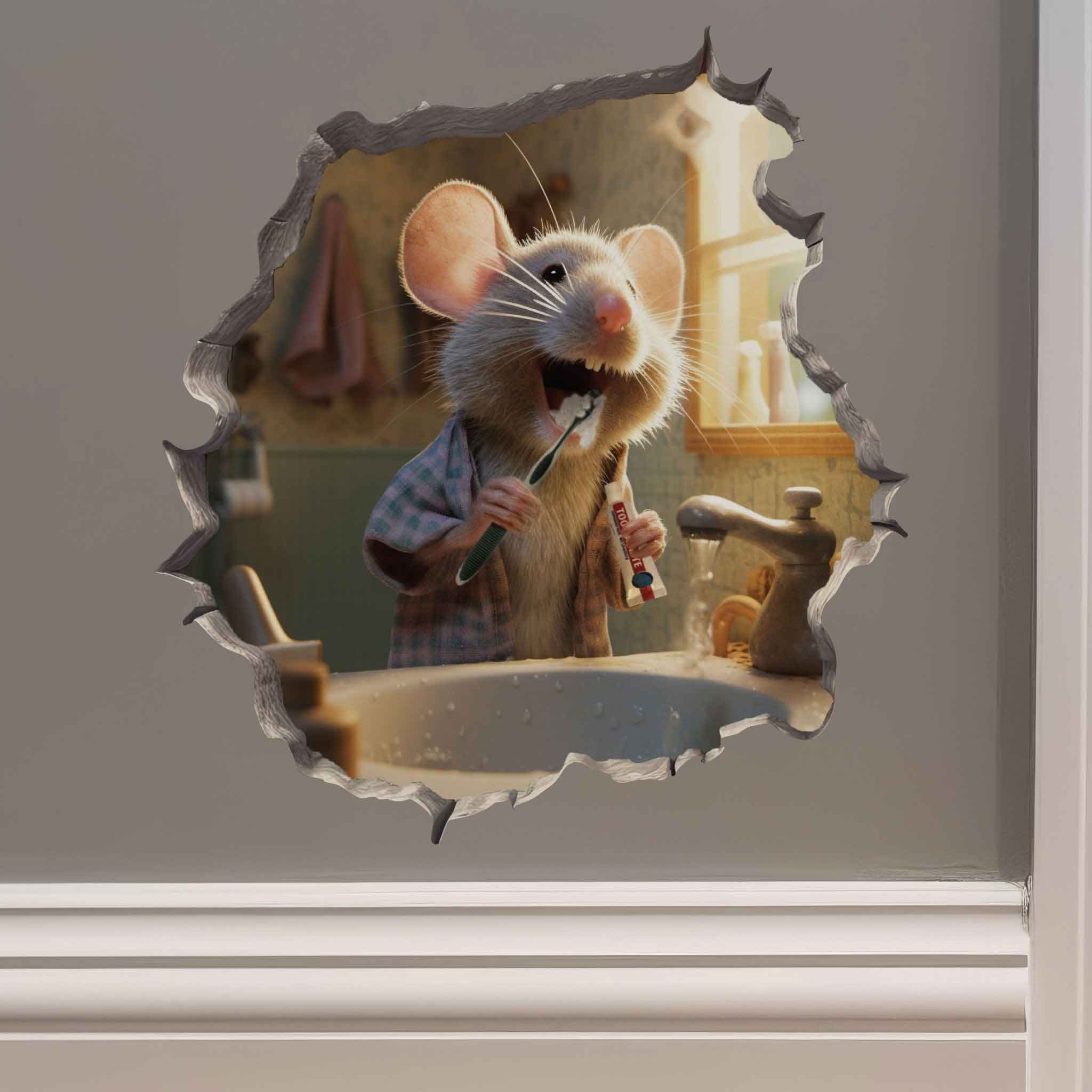 Mouse Brushing Teeth Mouse in Mouse Hole Decal - Mouse Wall Sticker