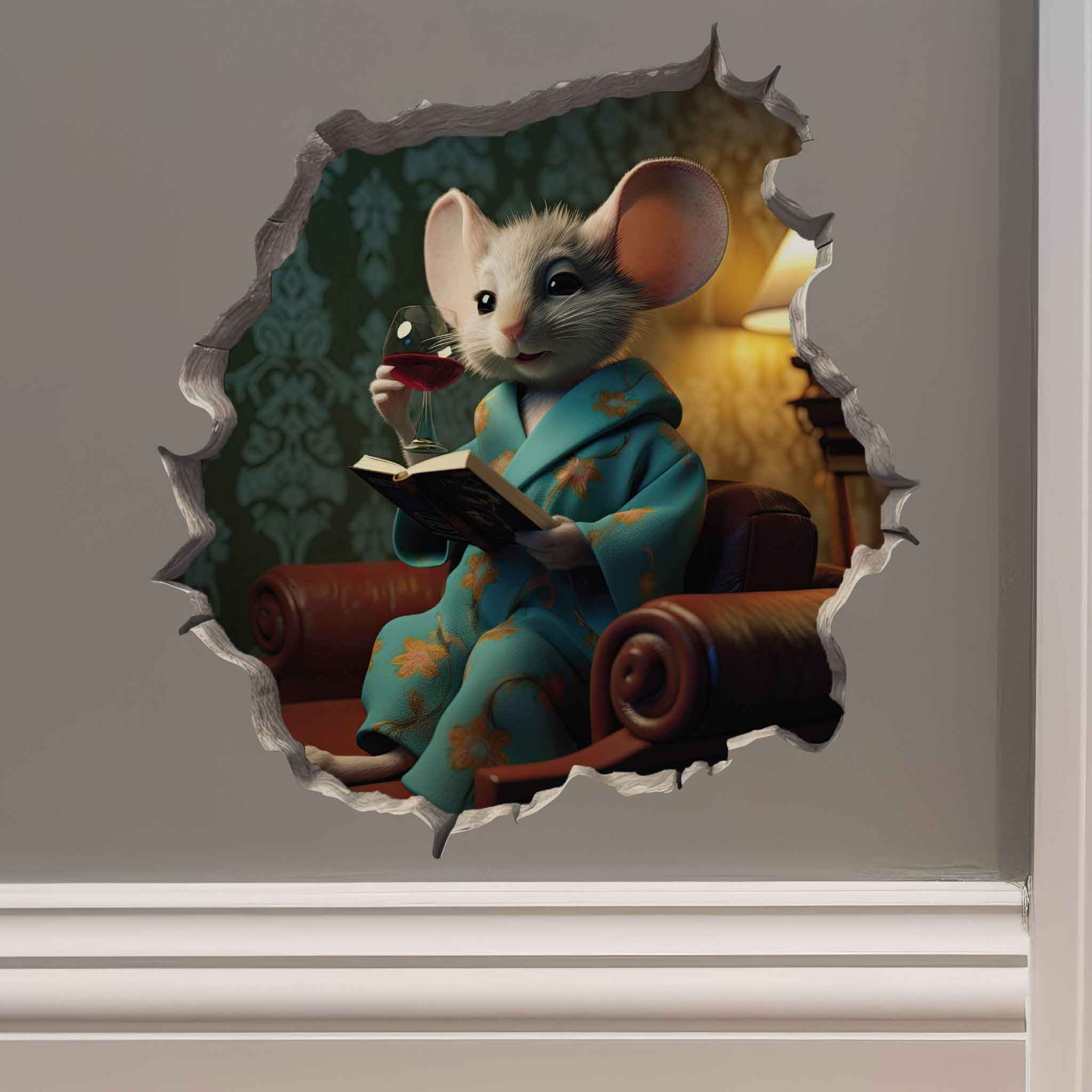 Wine and Book Mouse in Mouse Hole Decal - Mouse Hole 3D Wall Sticker